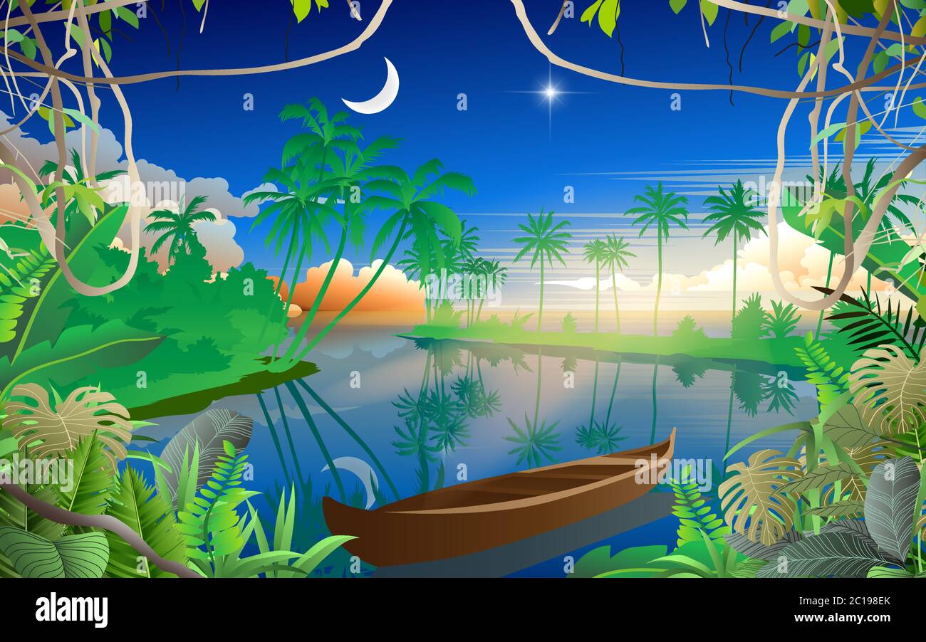 Amazon river sunset boat Stock Vector Images - Alamy