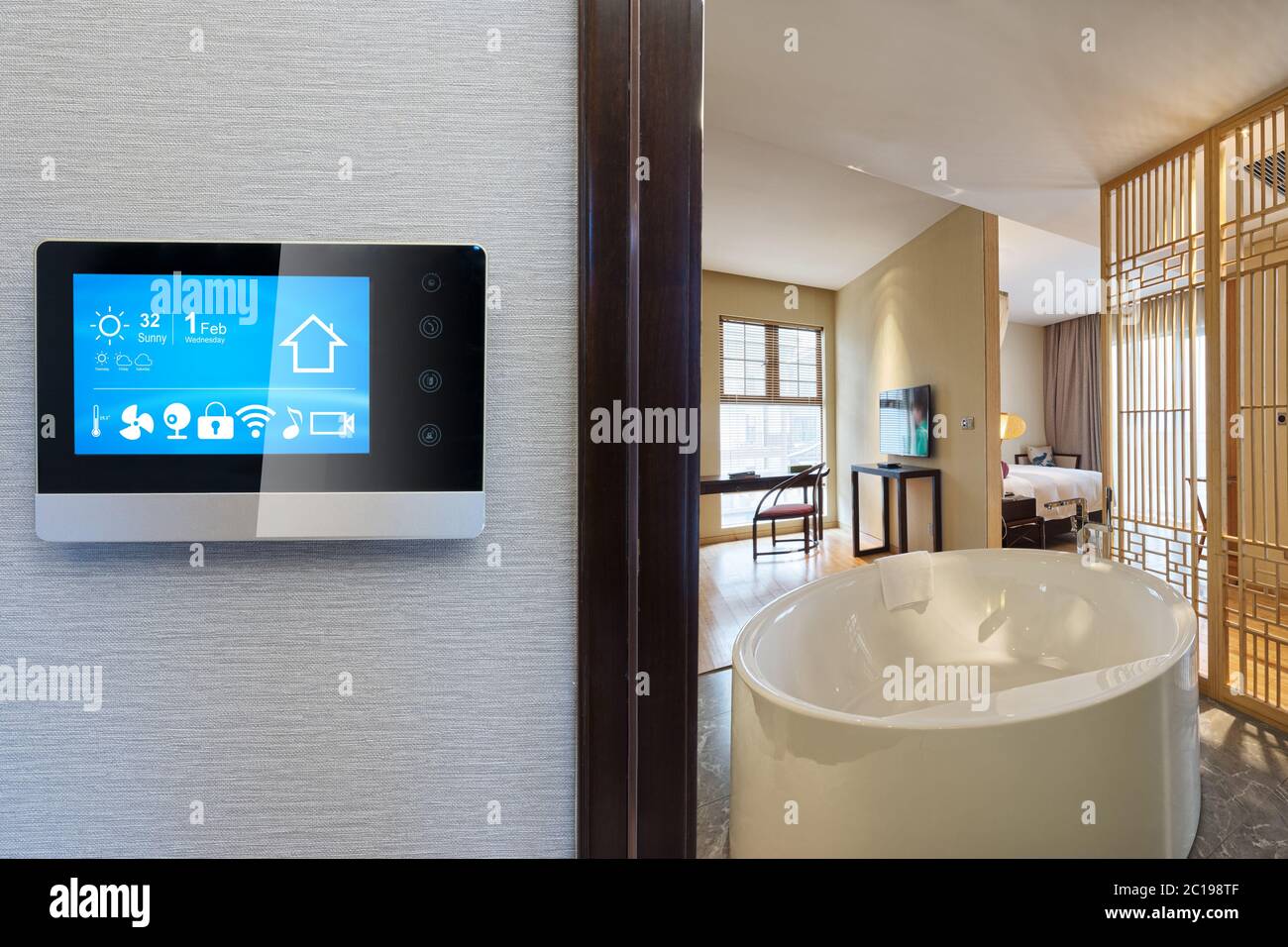 smart screen with smart home with modern bathroom Stock Photo - Alamy