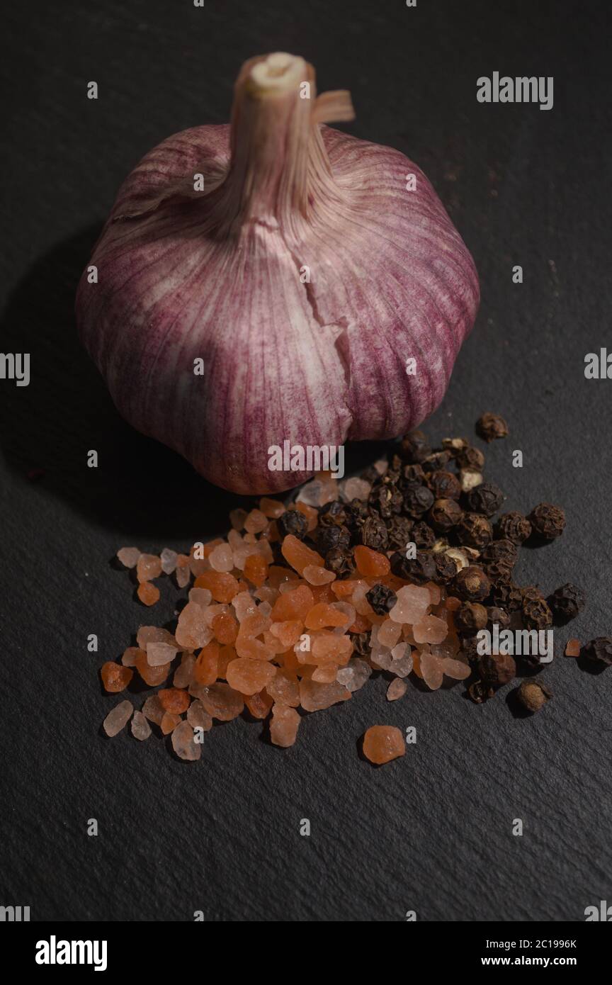 Garlic salt and pepper herbs and spices Stock Photo - Alamy