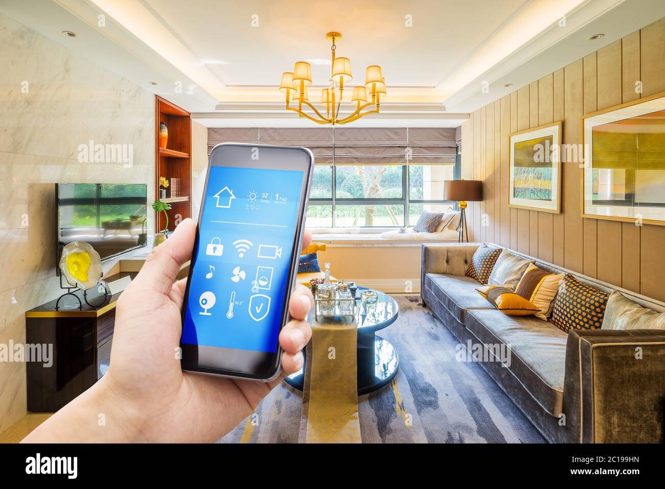 smart phone with smart home with modern living room Stock Photo - Alamy