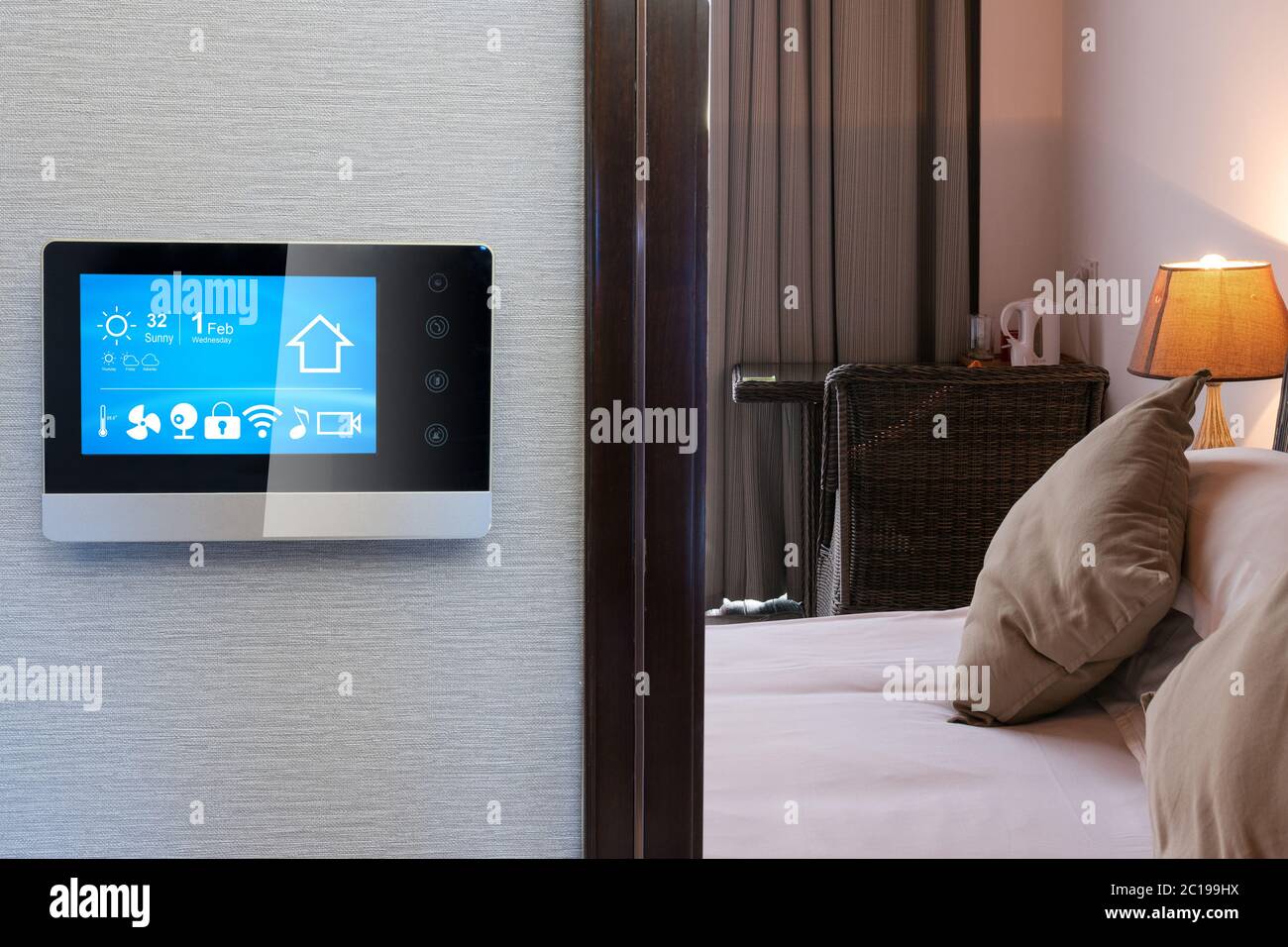 smart screen with smart home with modern bedroom Stock Photo - Alamy