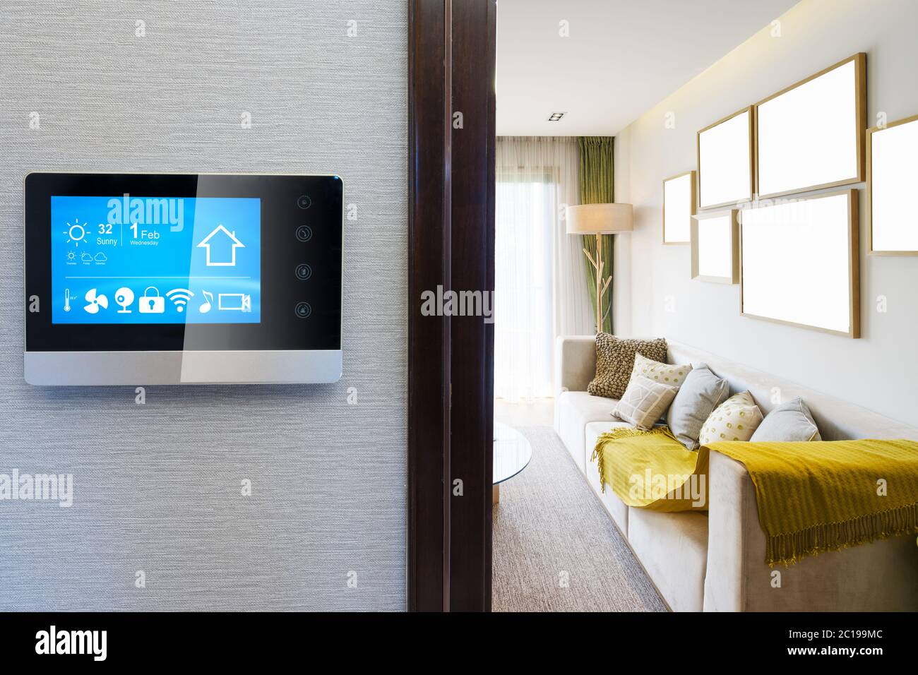 smart screen with smart home with modern living room Stock Photo - Alamy