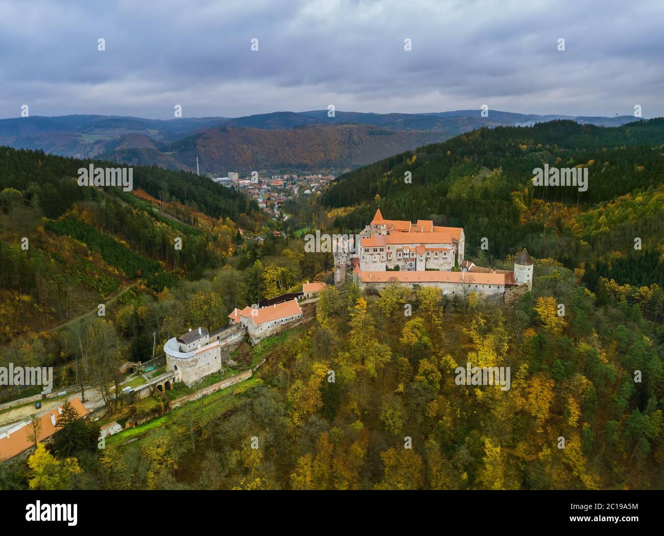Castle Pernstejn in Czech Republic - aerial view Stock Photo - Alamy