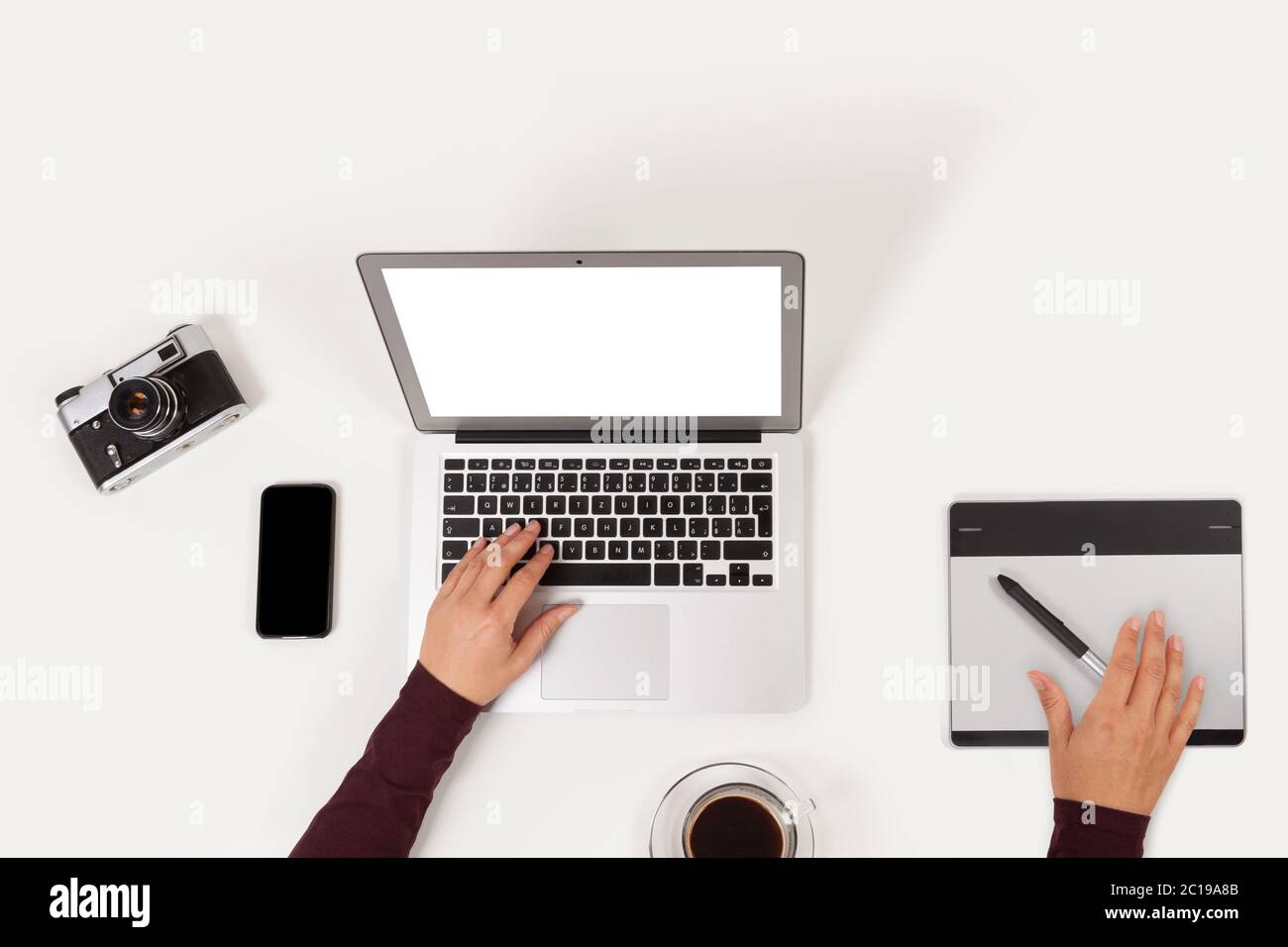 Clean and modern workplace with female hands from above Stock Photo - Alamy