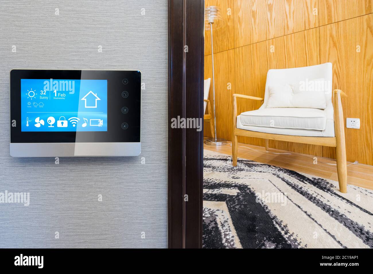 smart screen with smart home with modern living room Stock Photo - Alamy