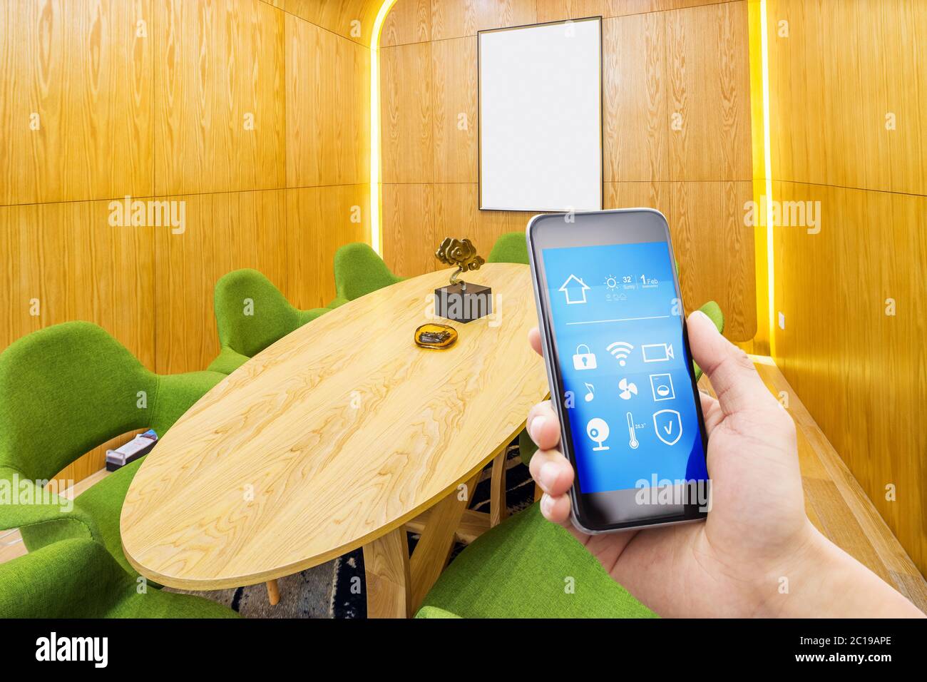 smart phone with smart home with modern dining room Stock Photo - Alamy