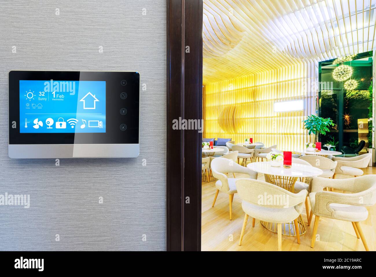 smart screen with smart home with modern dining room Stock Photo - Alamy