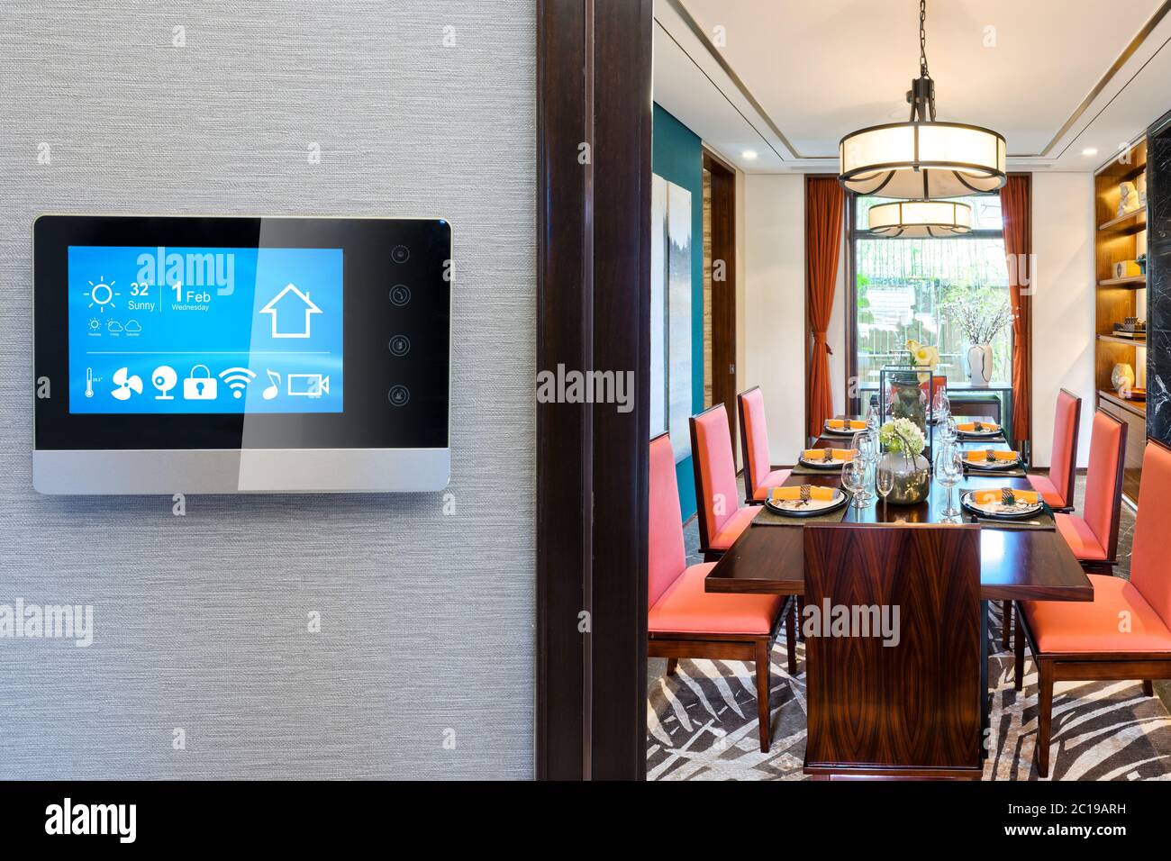 smart screen with smart home with modern dining room Stock Photo - Alamy