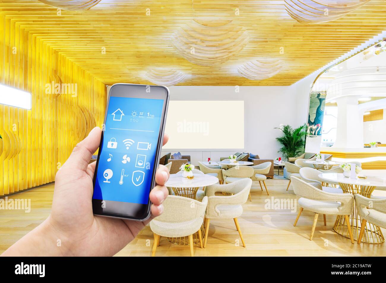 smart phone with smart home with modern dining room Stock Photo - Alamy