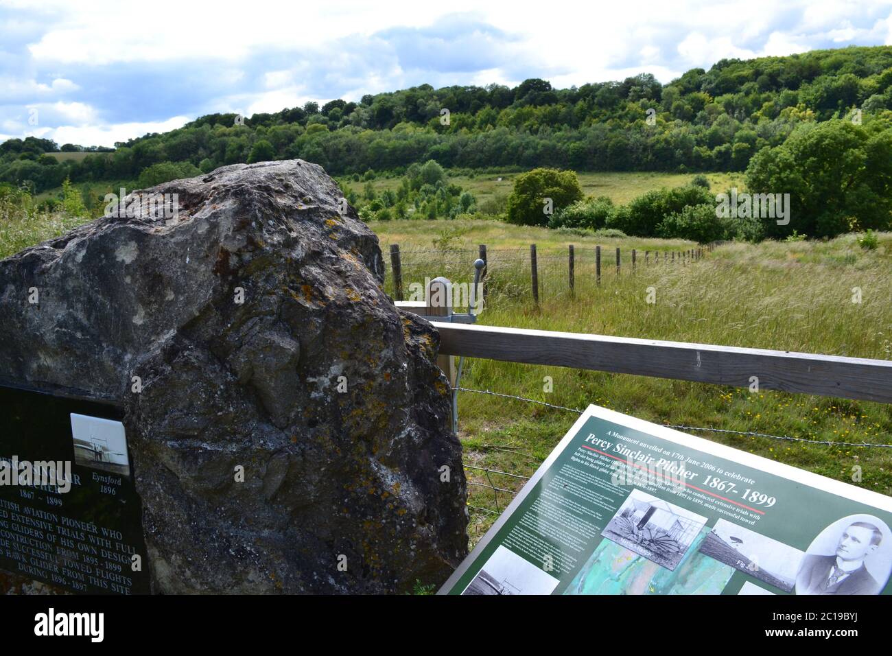 Memorial stone and plaque to Percy Pilcher who tested his Hawk gliders ...