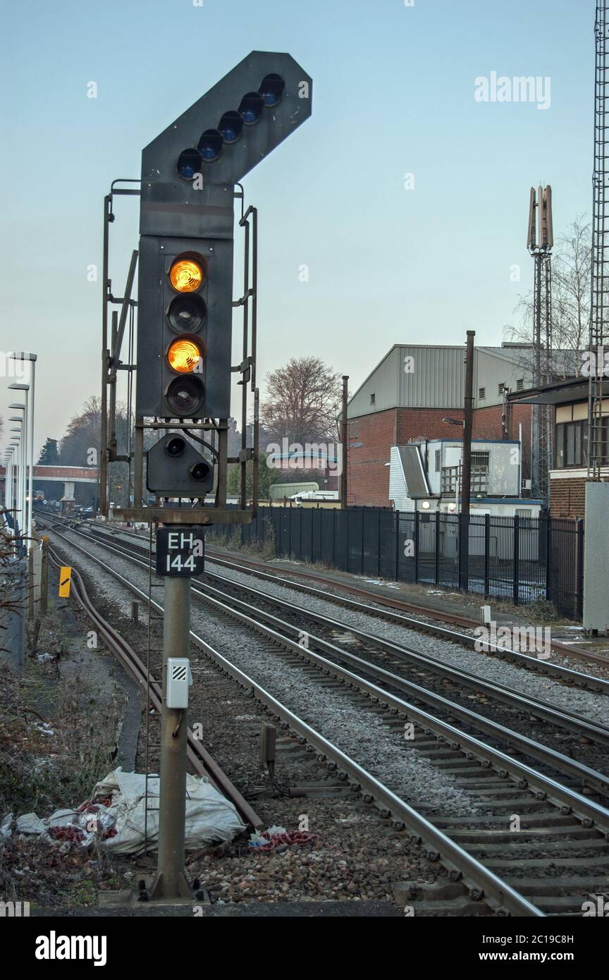 Hampshire, UK - February 11, 2012: Two yellow lights on a railway ...