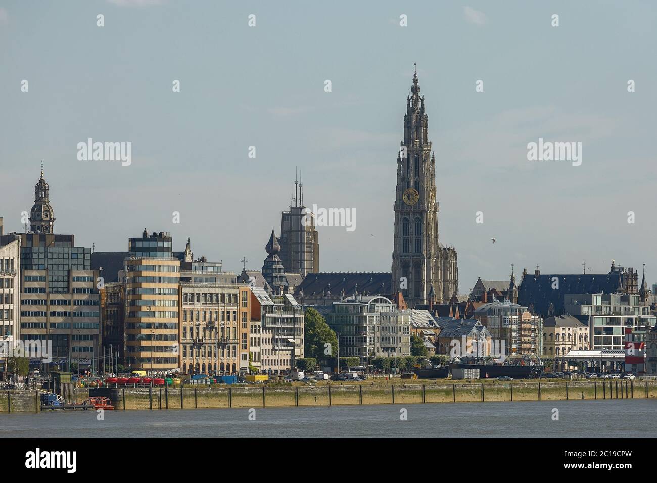 View of a port of Antwerp and cathedral of our lady in Belgium over the ...