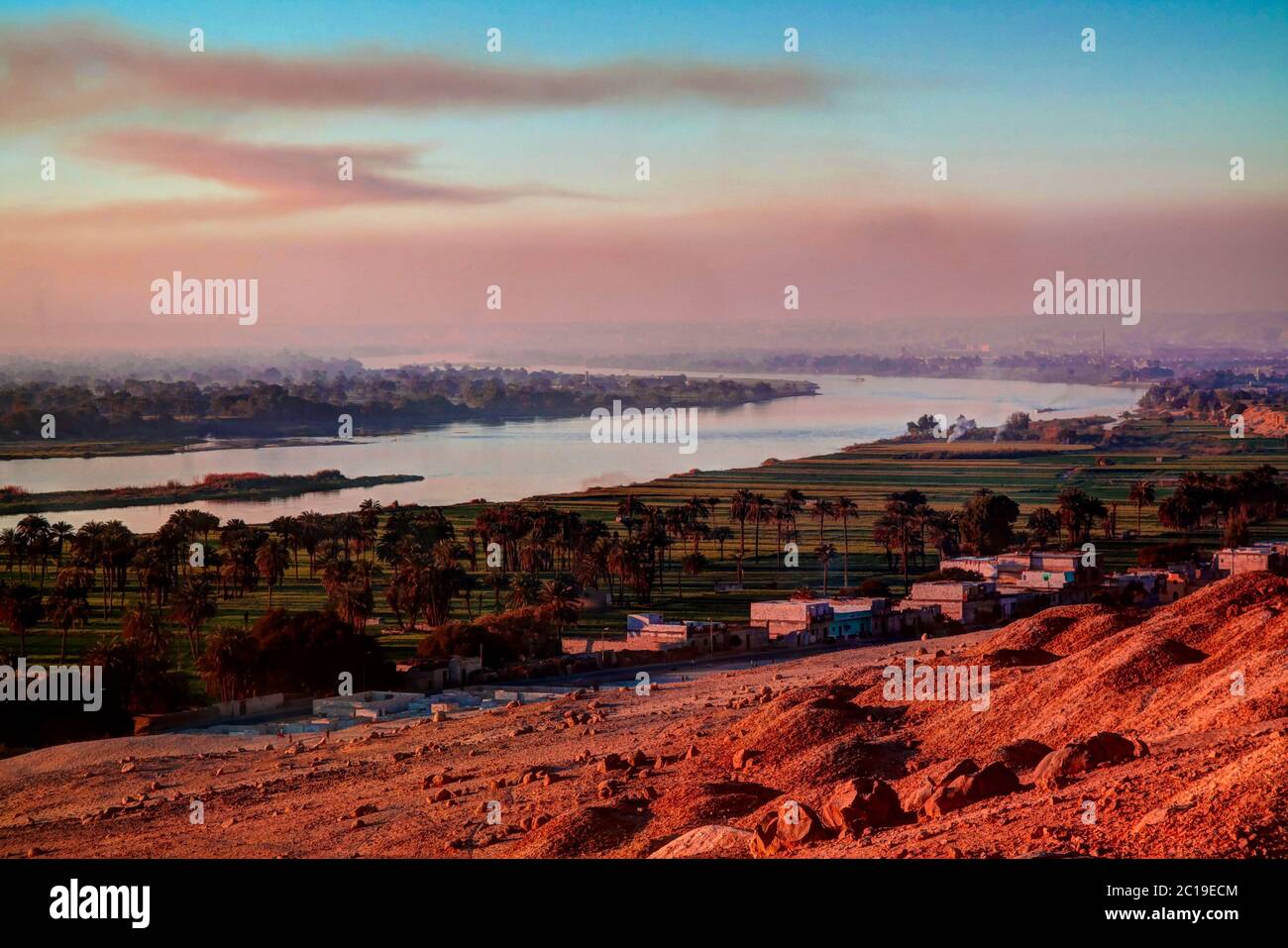 Sunset panorama view to Nile river from Beni Hasan archaeological site ...