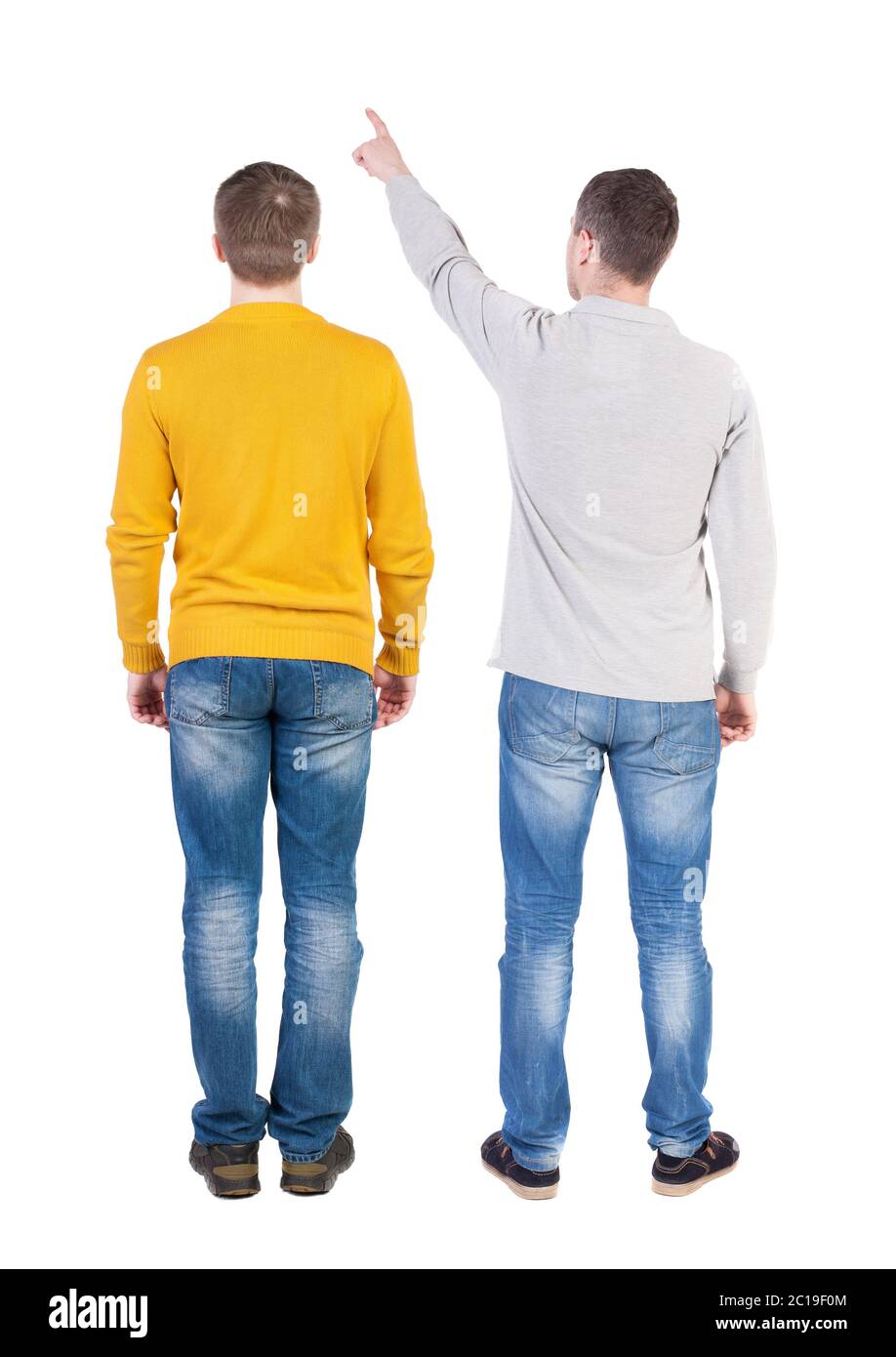 Back view of two man in sweater pointing. Rear view people collection ...