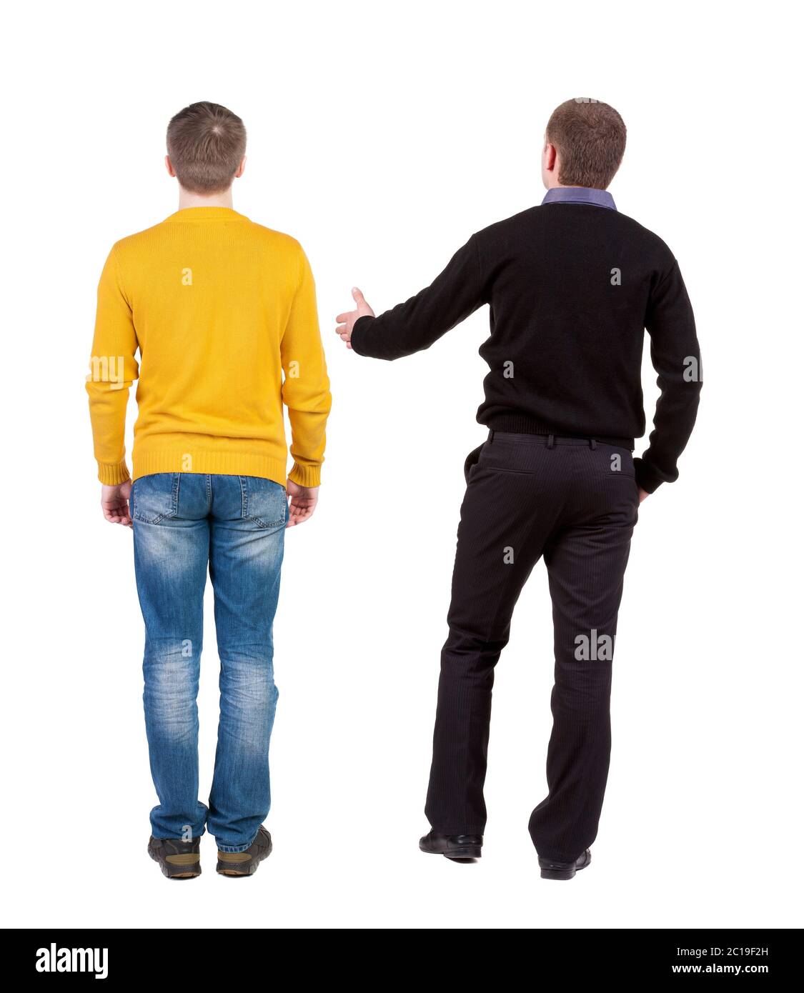 Back view of two man in sweater pointing. Rear view people collection ...
