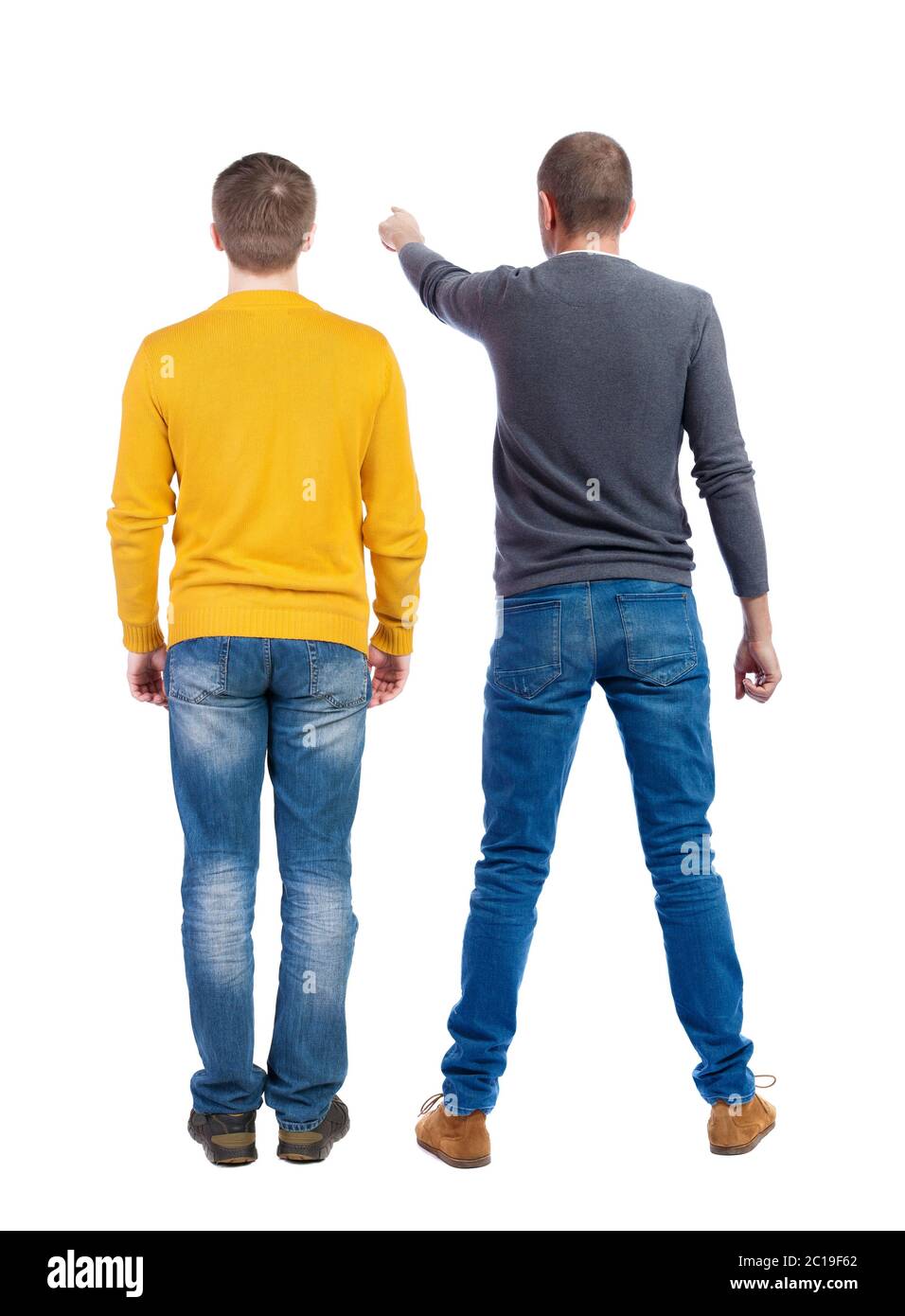Back view of two man in sweater pointing. Rear view people collection ...