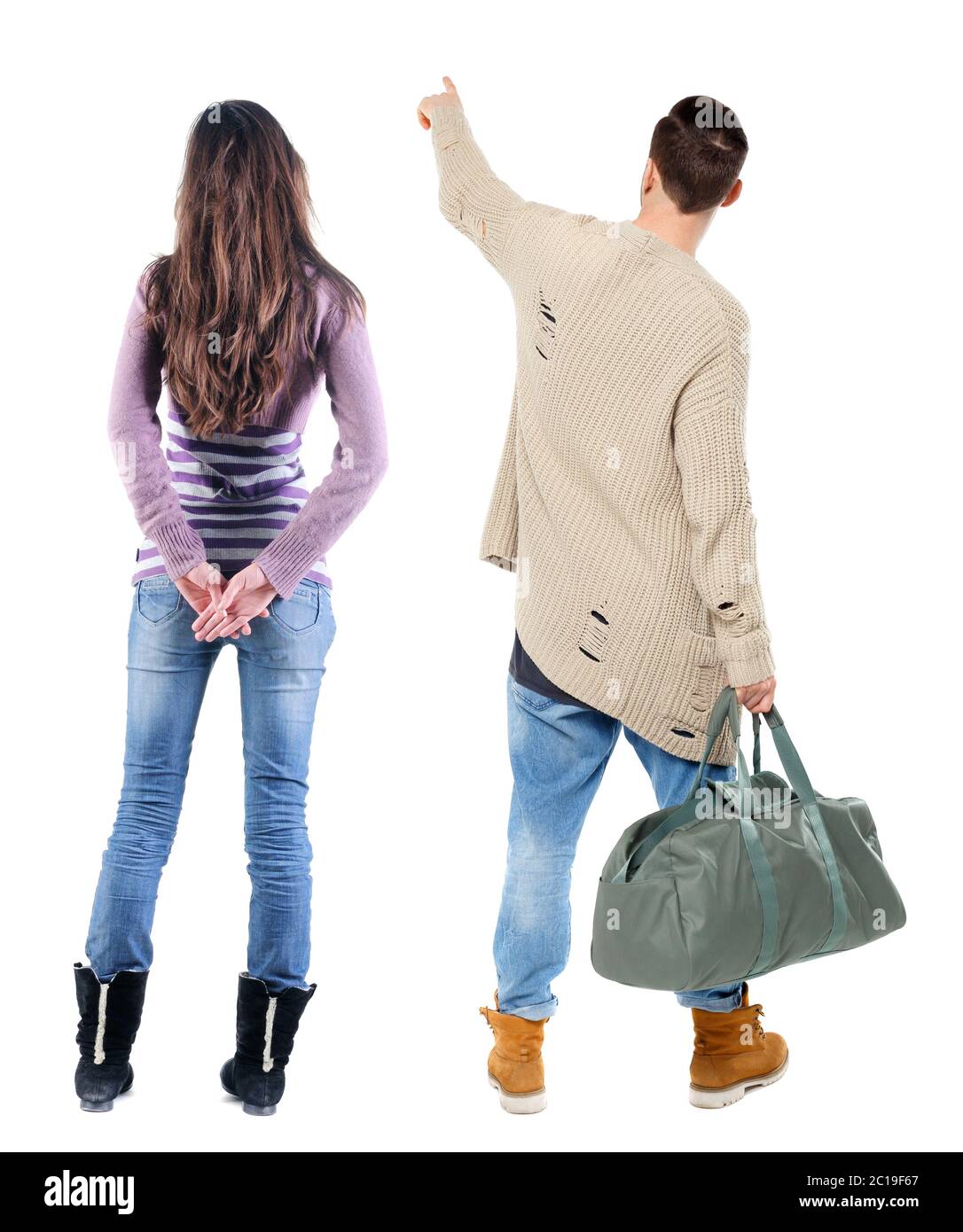 Back view of couple in sweater pointing. Rear view people collection ...