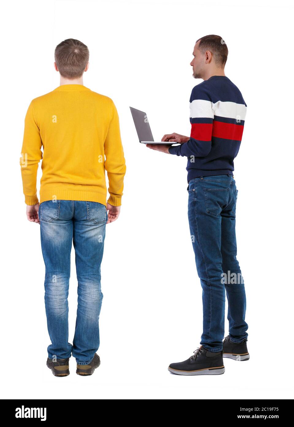 Back view two man in sweater with laptop. Rear view people collection ...