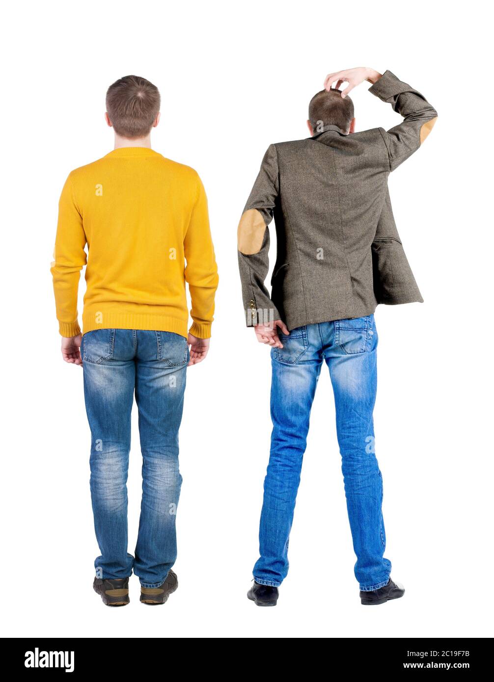 Back view of two man in sweater pointing. Rear view people collection ...