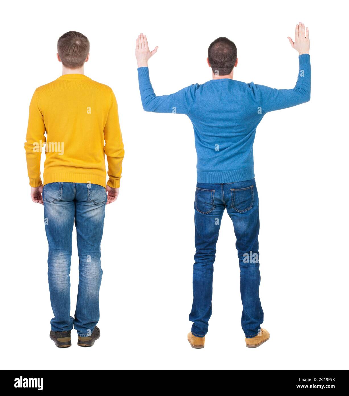 Back view of two man in sweater pointing. Rear view people collection ...