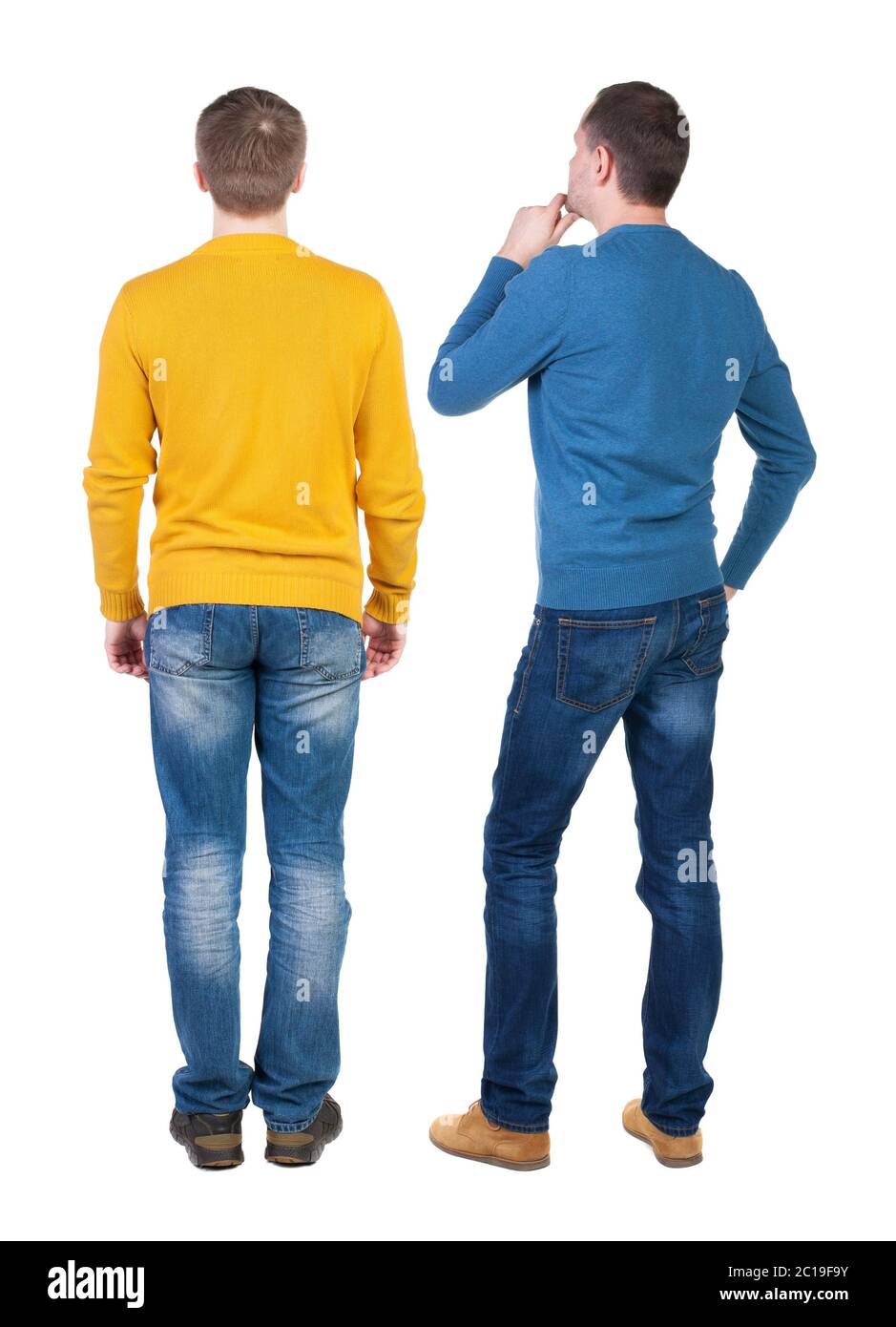Back view of two man in sweater pointing. Rear view people collection ...