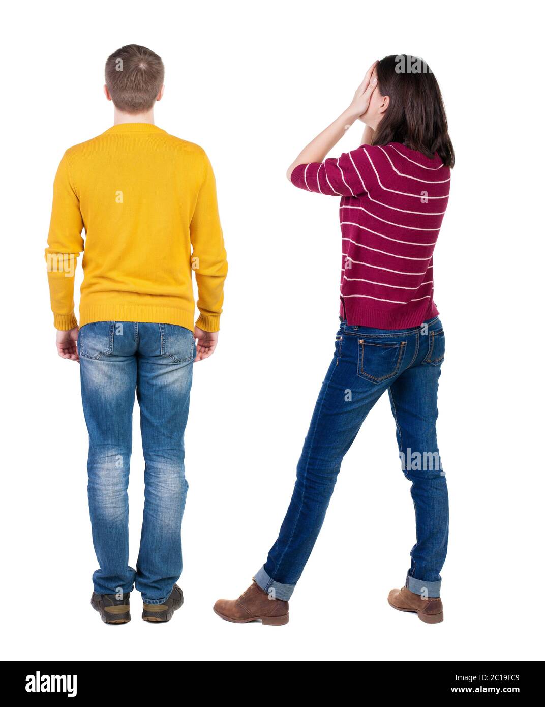 Back view couple in sweater. beautiful man and woman. Rear view people ...