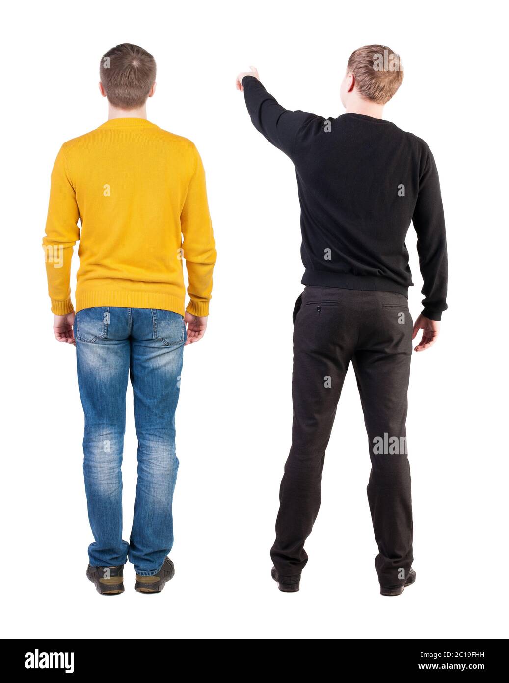 Back view of two man in sweater pointing. Rear view people collection ...