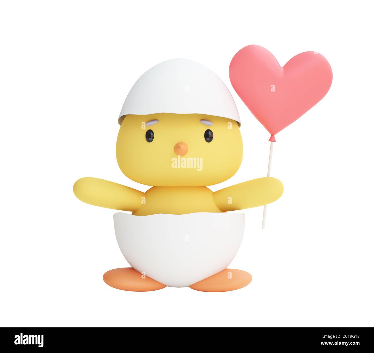 hatched chick in shell with heart balloon on a white background. 3d ...