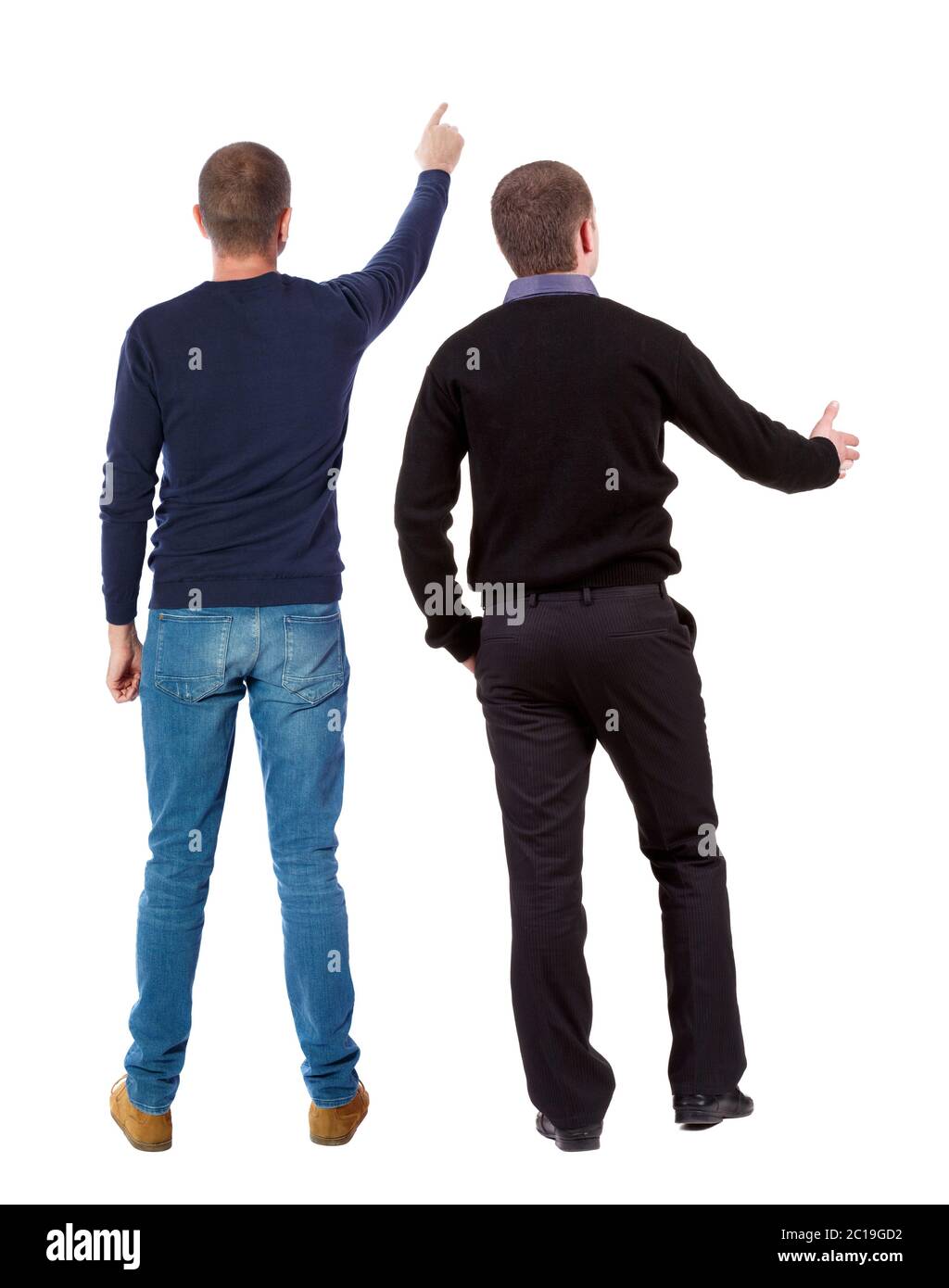 Back view of two man in sweater pointing. Rear view people collection ...