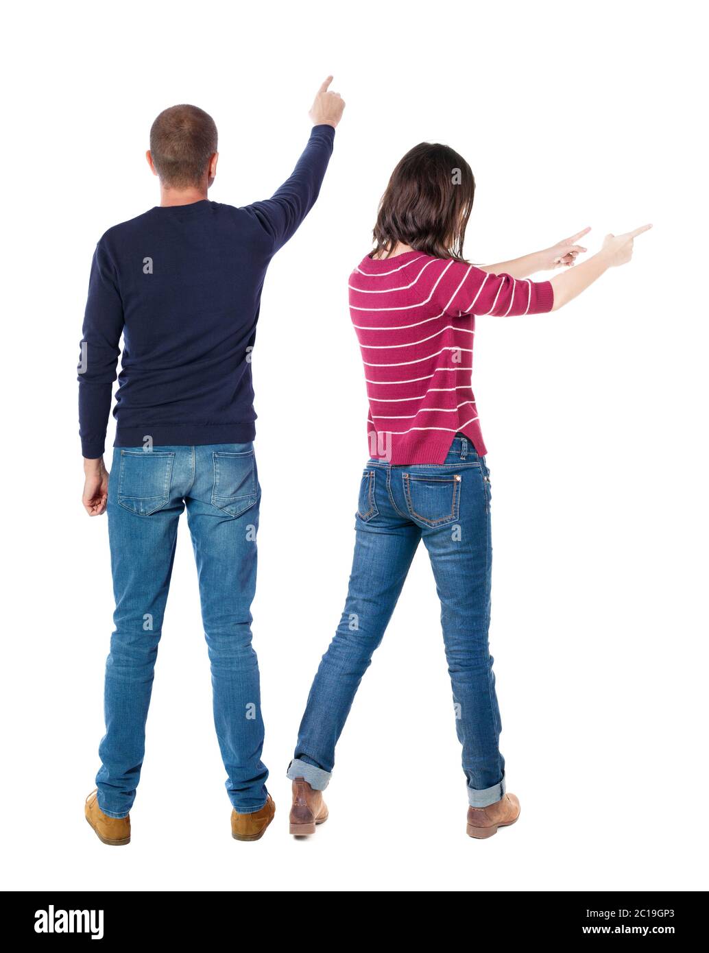 Back view of couple in sweater pointing. Rear view people collection ...