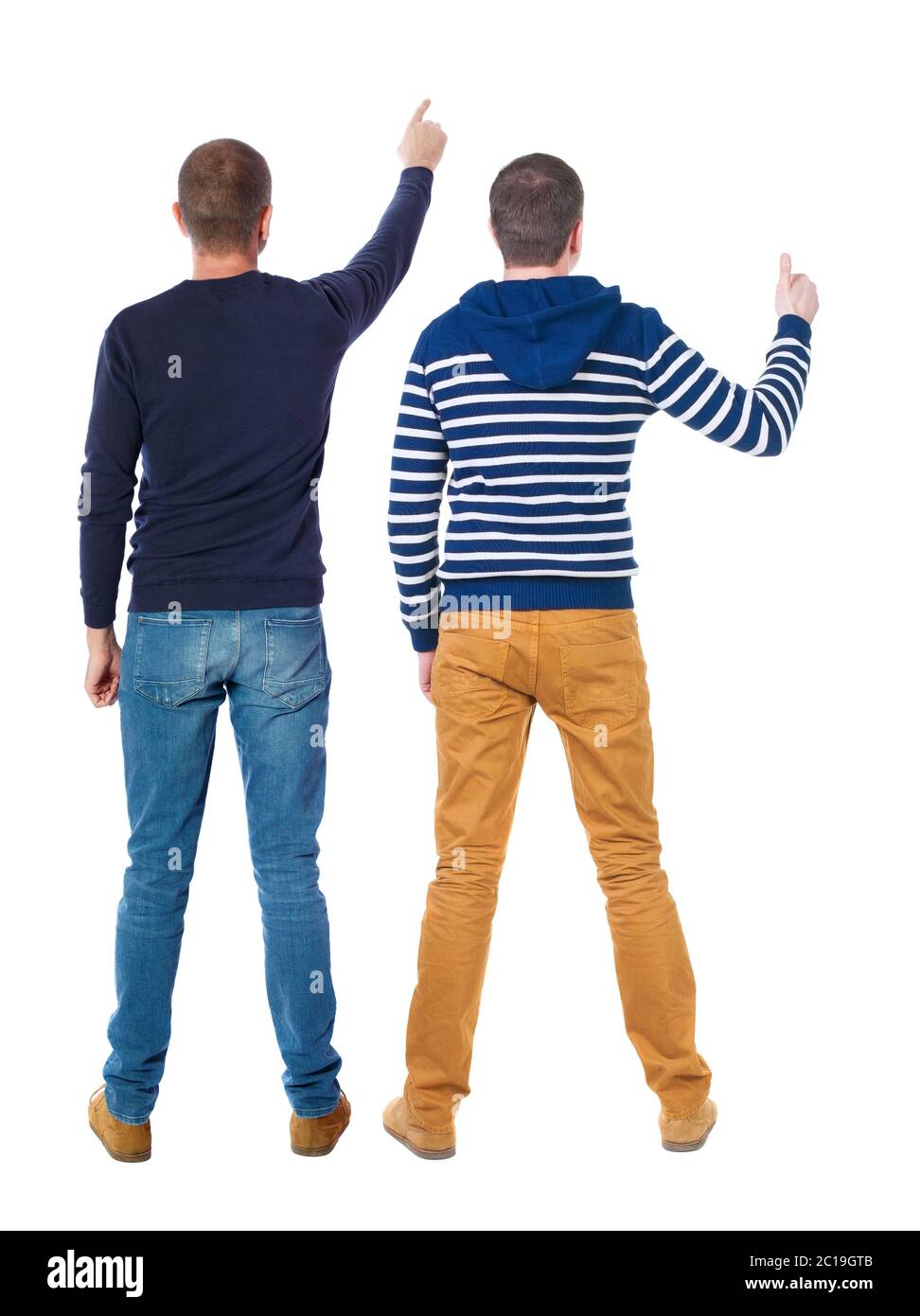 Back view of two man in sweater pointing. Rear view people collection ...
