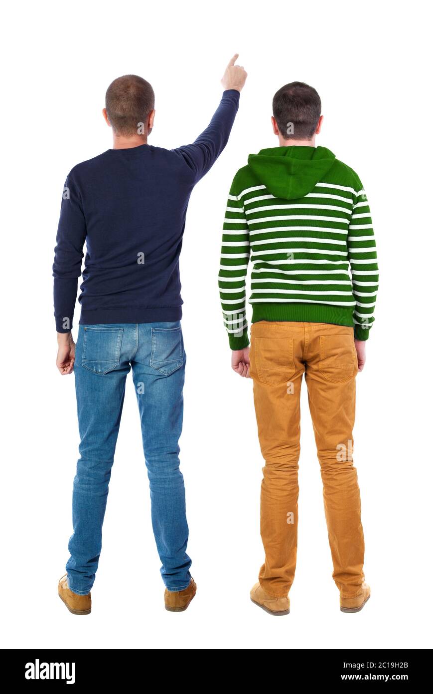 Back view of two man in sweater pointing. Rear view people collection ...
