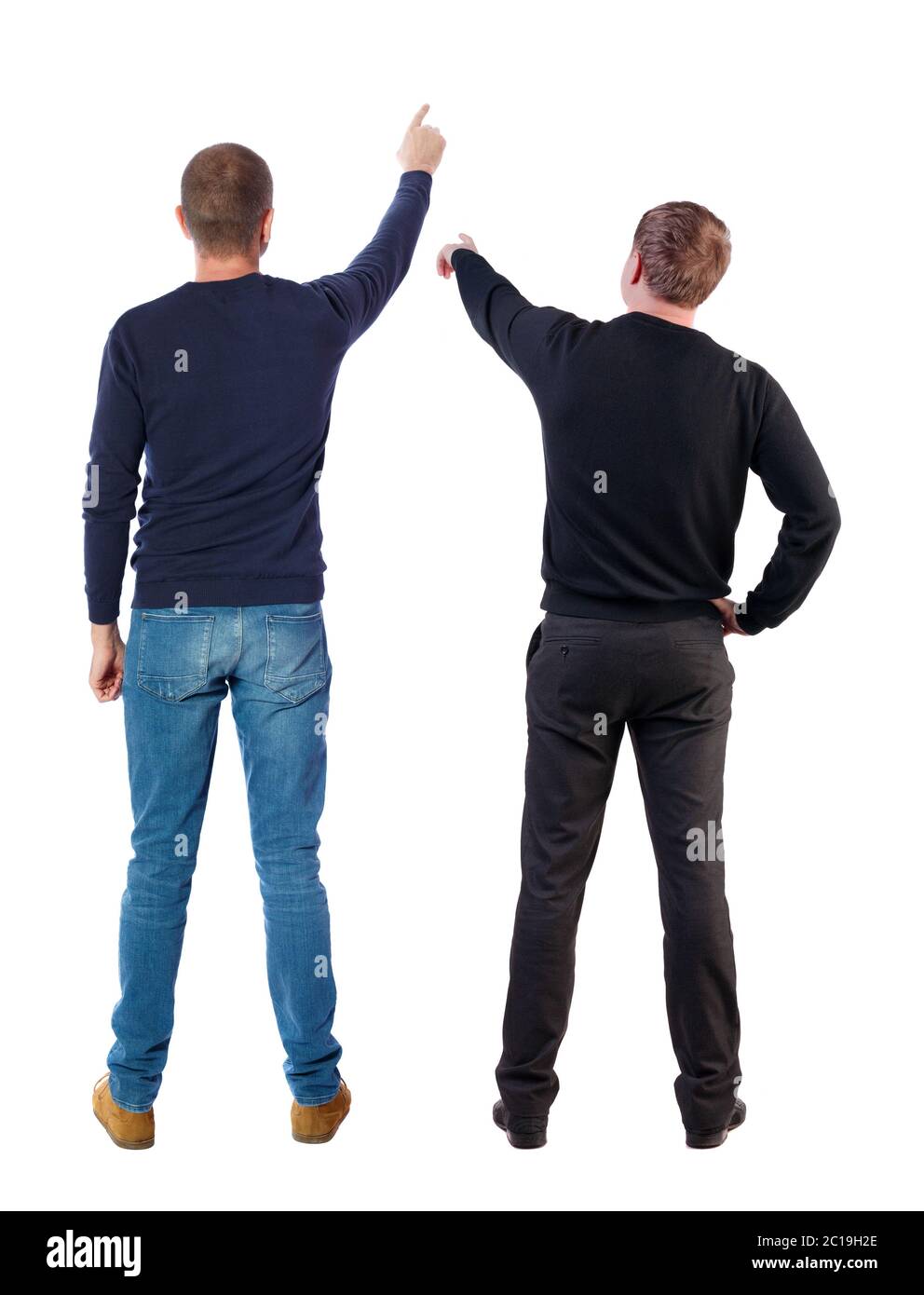 Back view of two man in sweater pointing. Rear view people collection ...