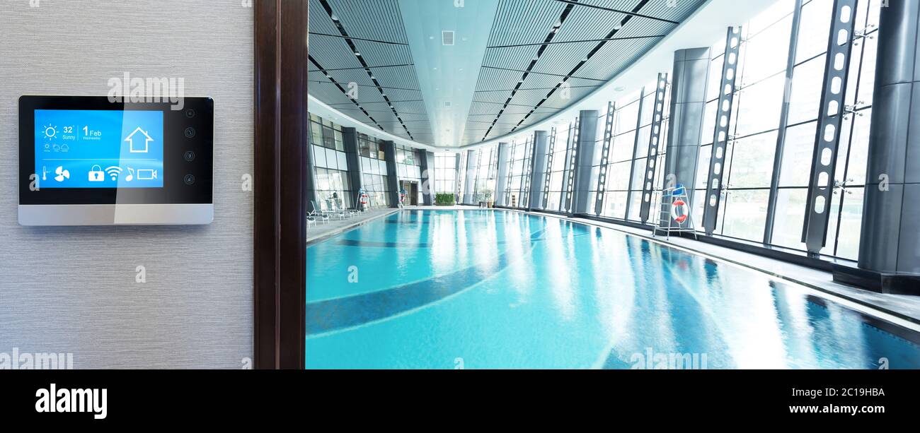 smart screen with smart home with modern swimming pool Stock Photo - Alamy