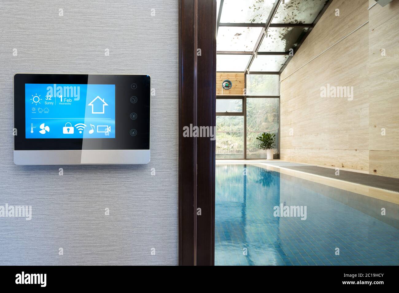 smart screen with smart home with modern swimming pool Stock Photo - Alamy
