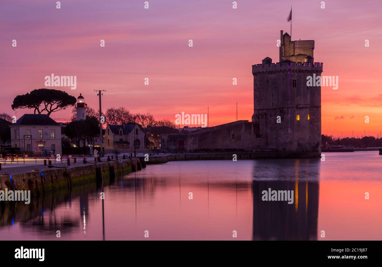 La Rochelle - Harbor by night with beautiful sunset Stock Photo - Alamy