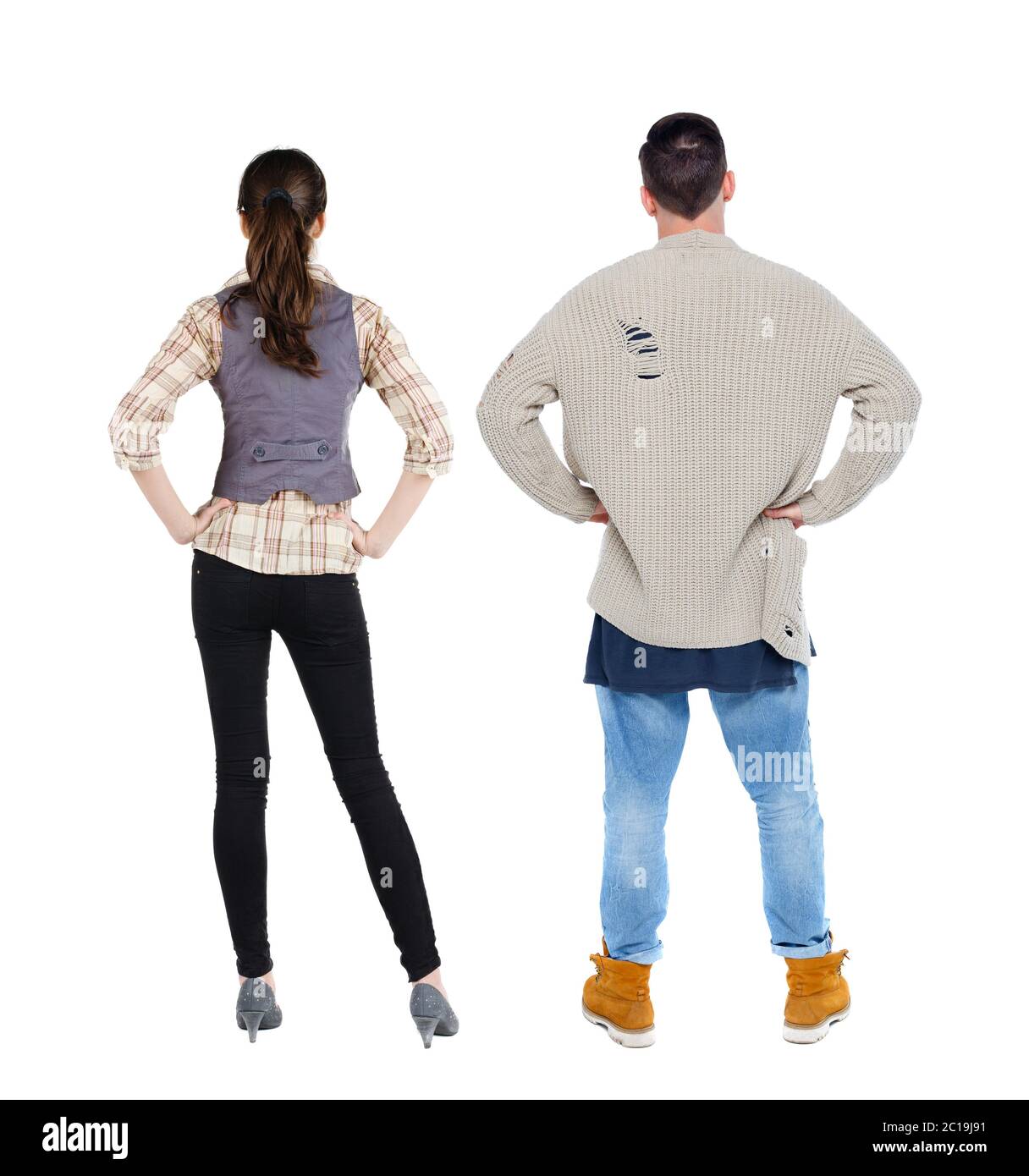 Back view couple in sweater. beautiful man and woman. Rear view people ...