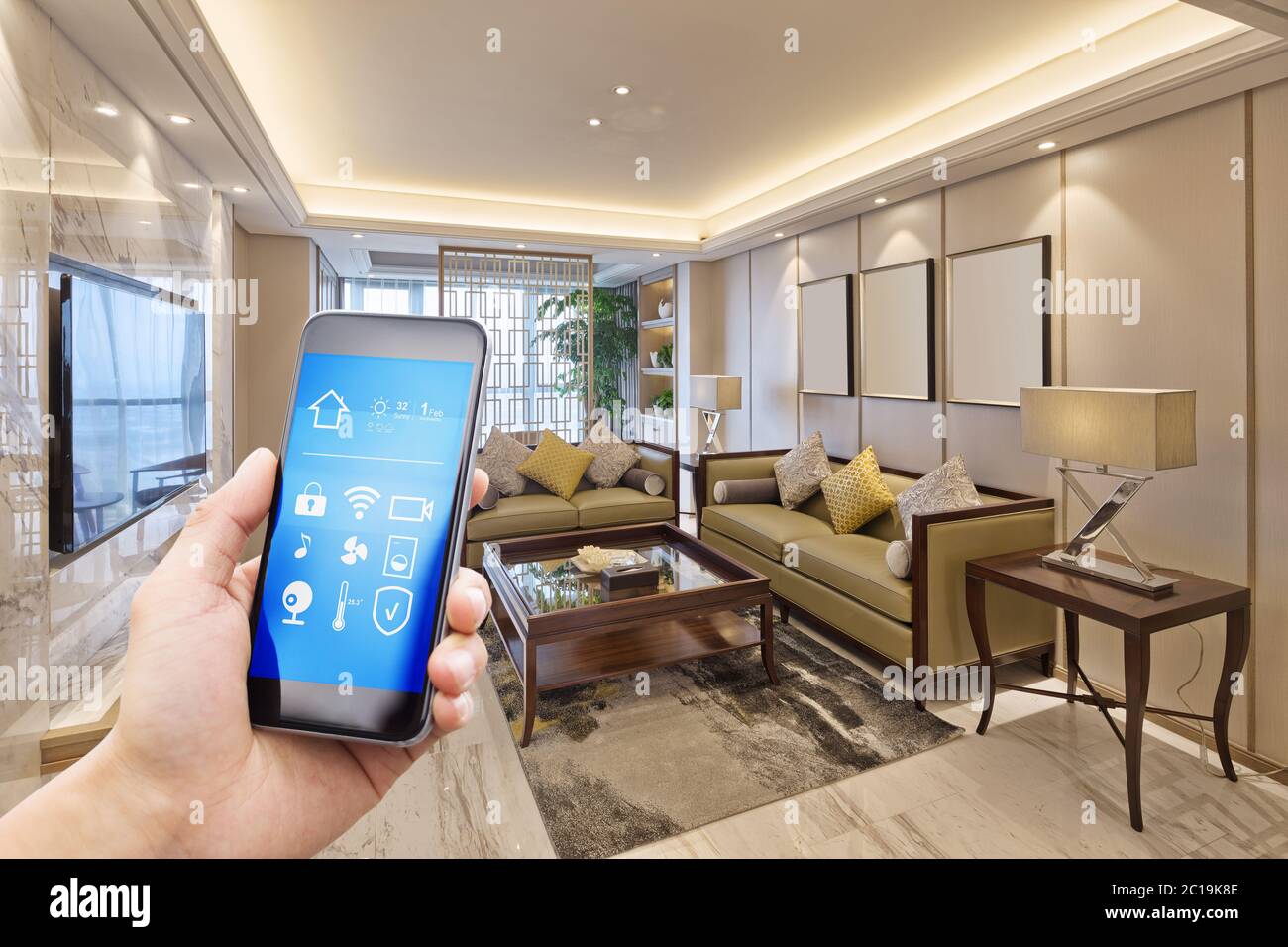 smart phone with smart home with modern living room Stock Photo - Alamy