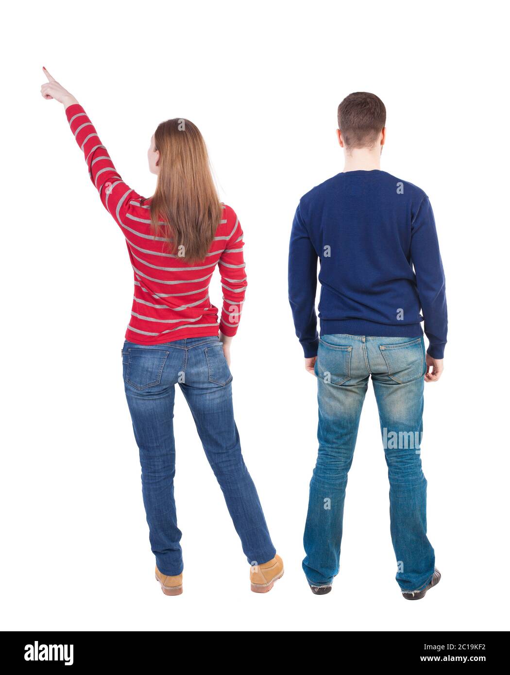 Back view of couple in sweater pointing. Rear view people collection ...