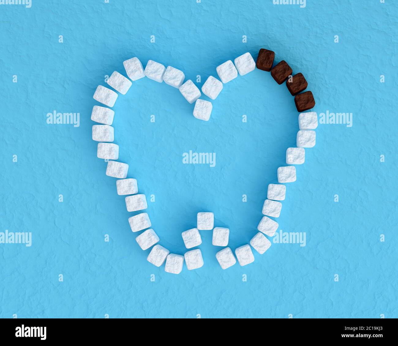Tooth from sugar cubes on blue background, concept for sweet tooth ...