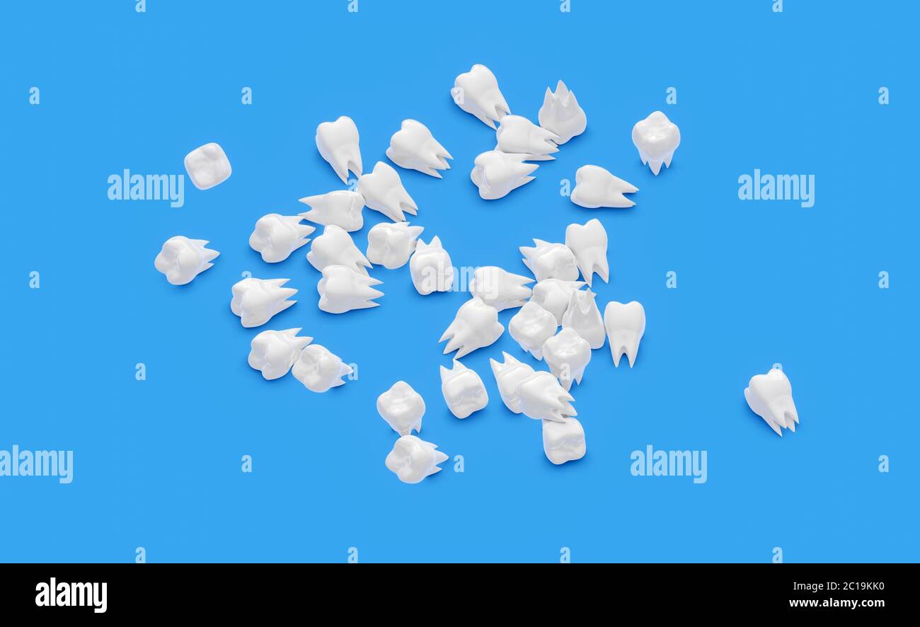 many white removed teeth on the blue background. 3d illustration Stock ...