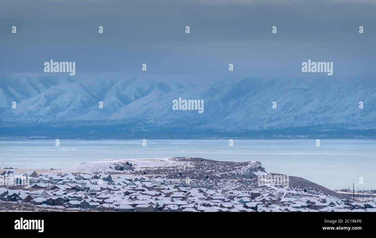 Panorama Scenic utah valley landscape with snowy mountain frozen lake ...