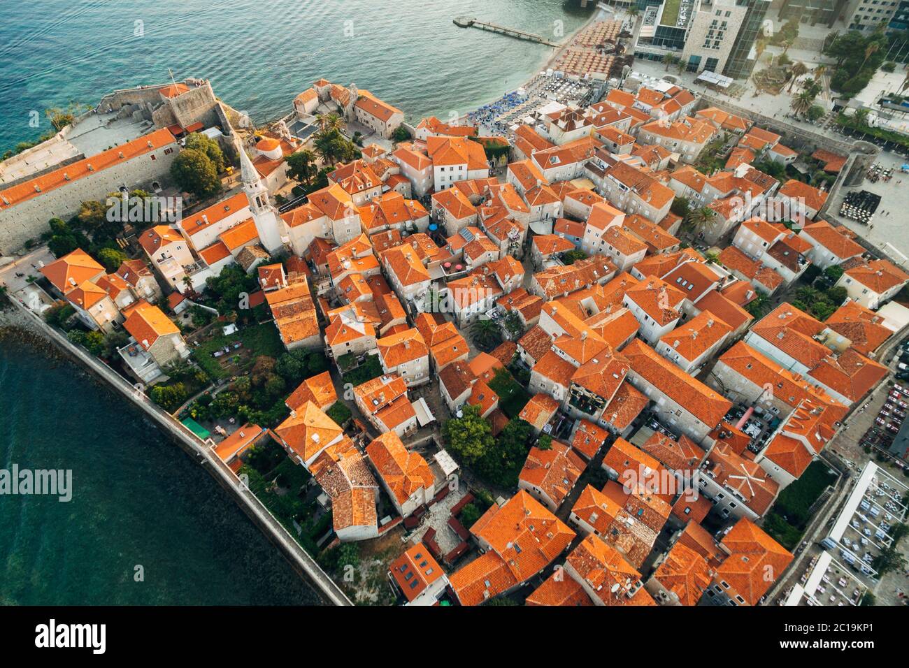 The roofs of the old town of Budva - an aerial photo from a drone Stock ...