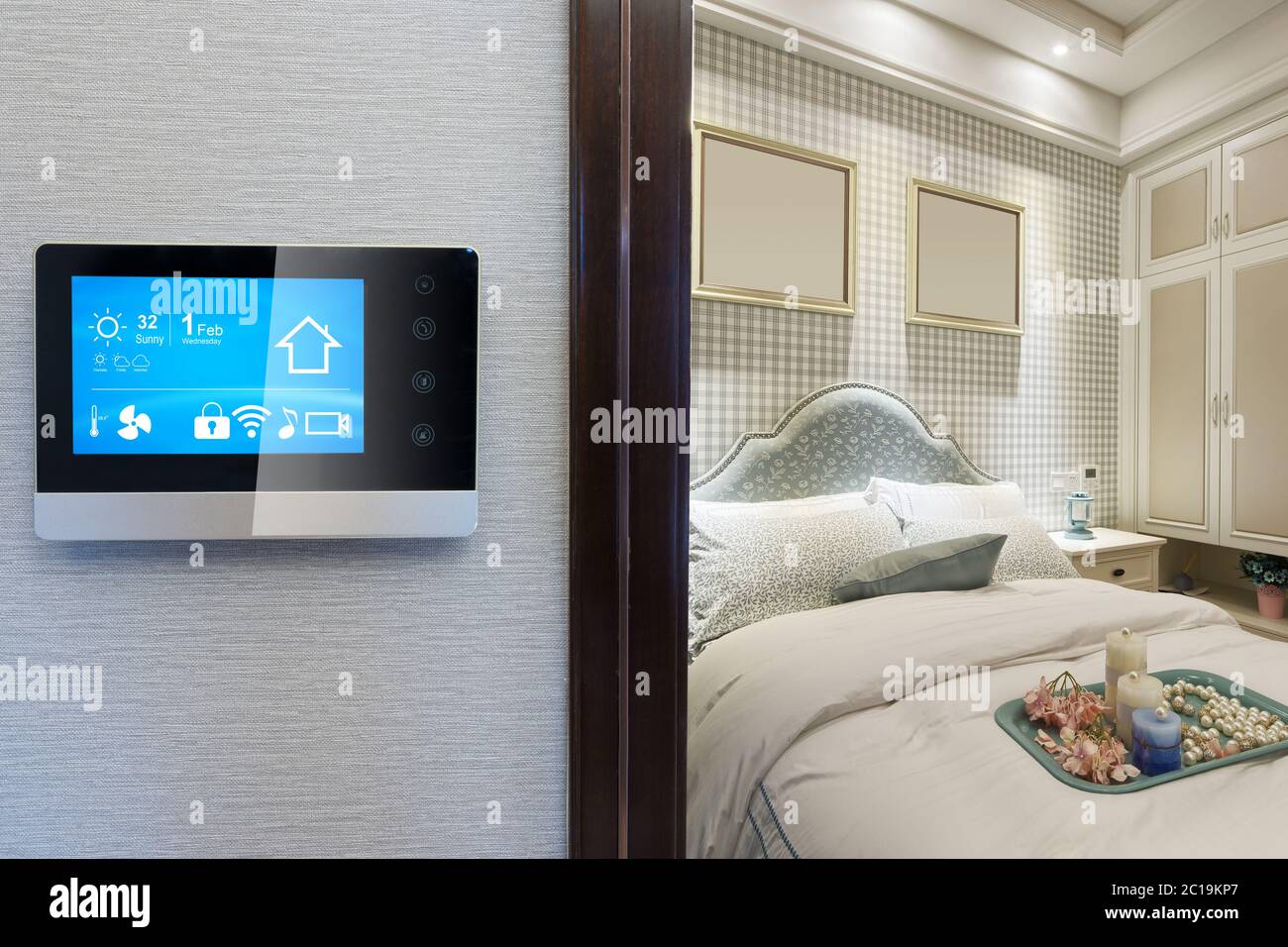 smart screen with smart home with modern bedroom Stock Photo - Alamy
