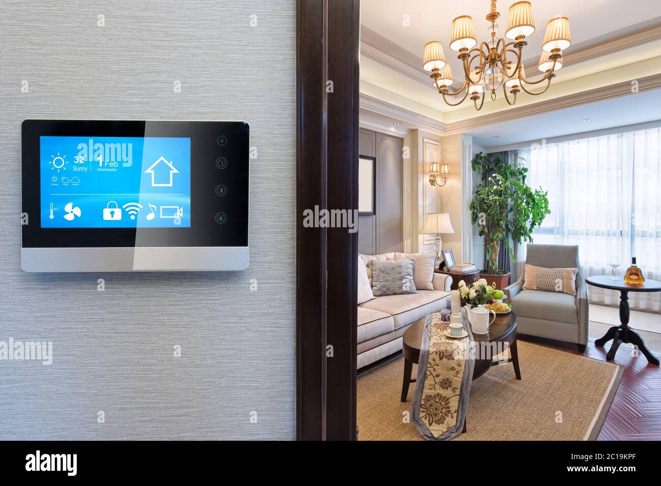 smart screen with smart home with modern living room Stock Photo - Alamy