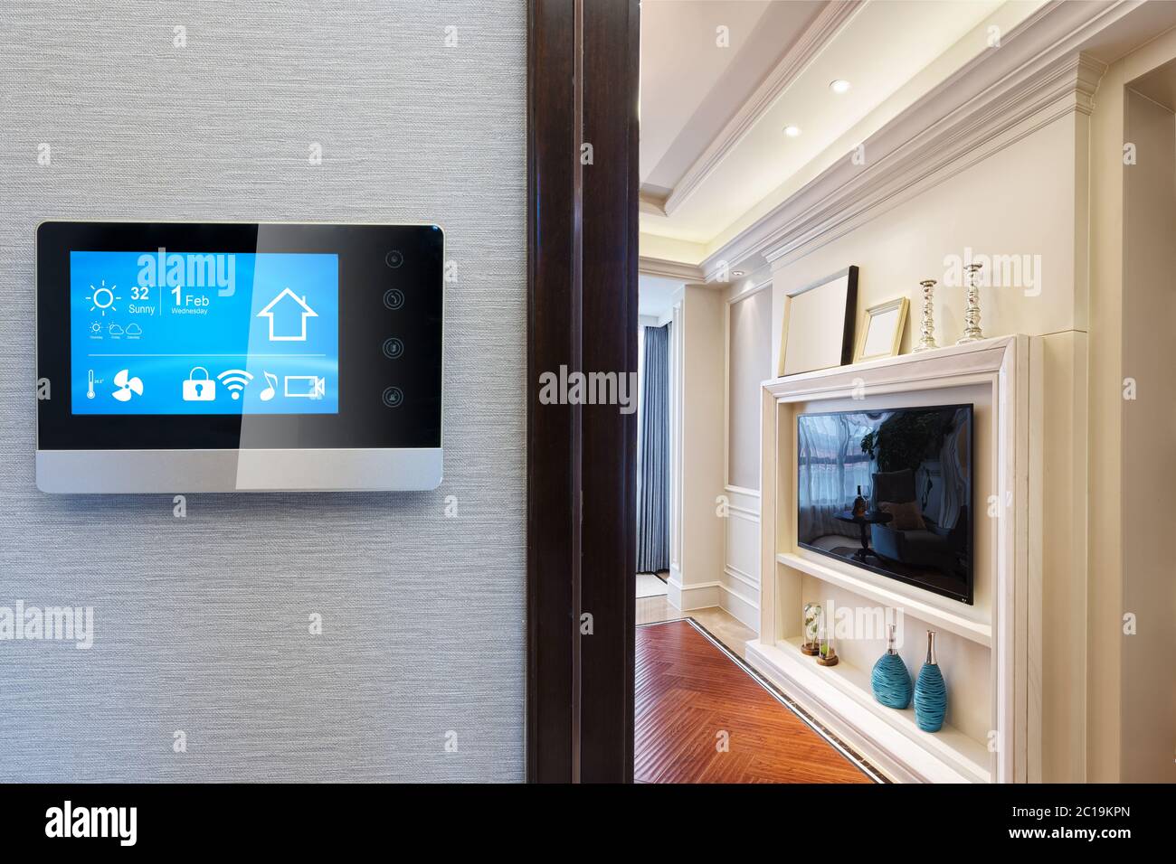 smart screen with smart home with modern living room Stock Photo - Alamy