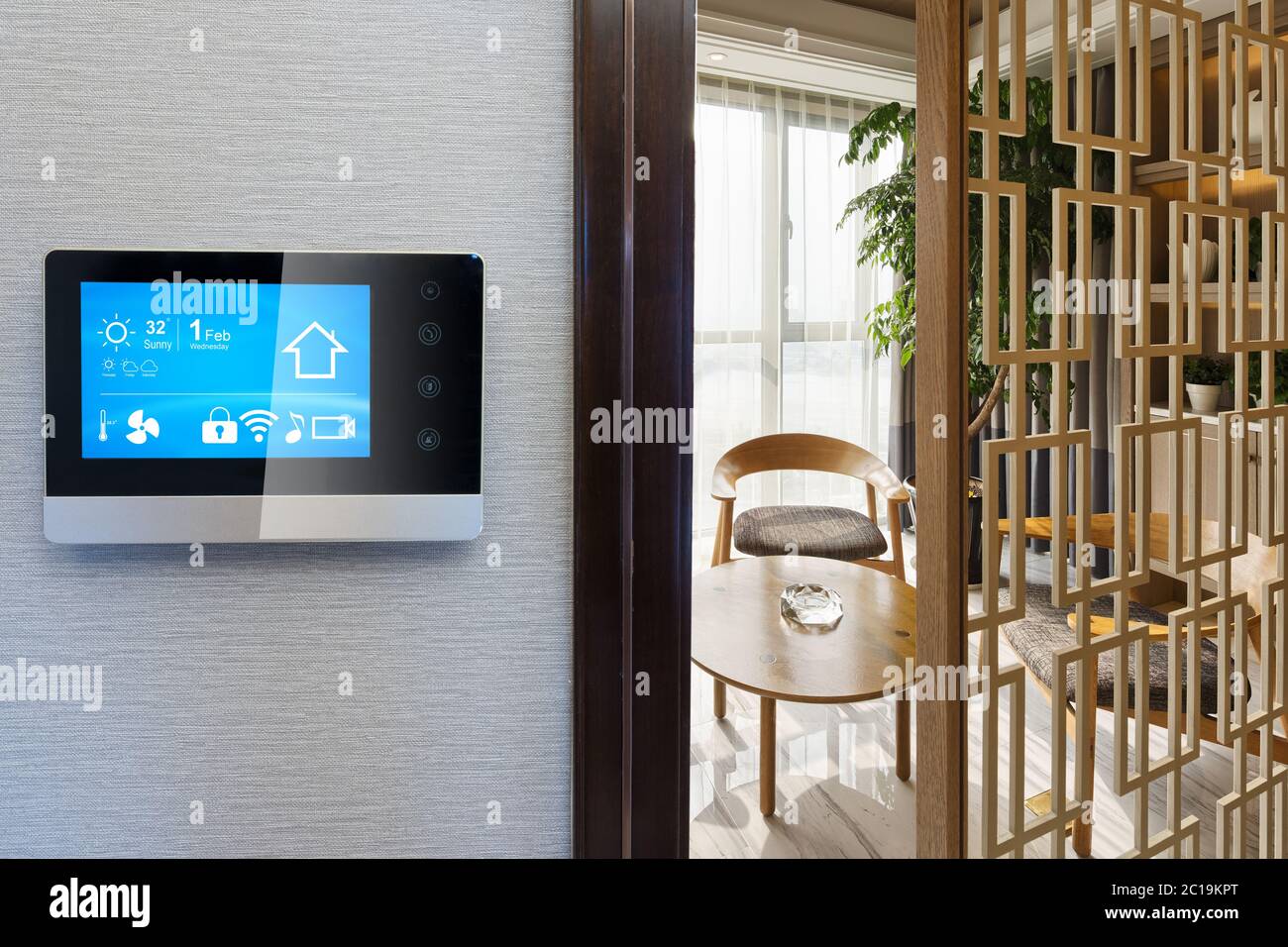 smart screen with smart home and modern living room Stock Photo - Alamy