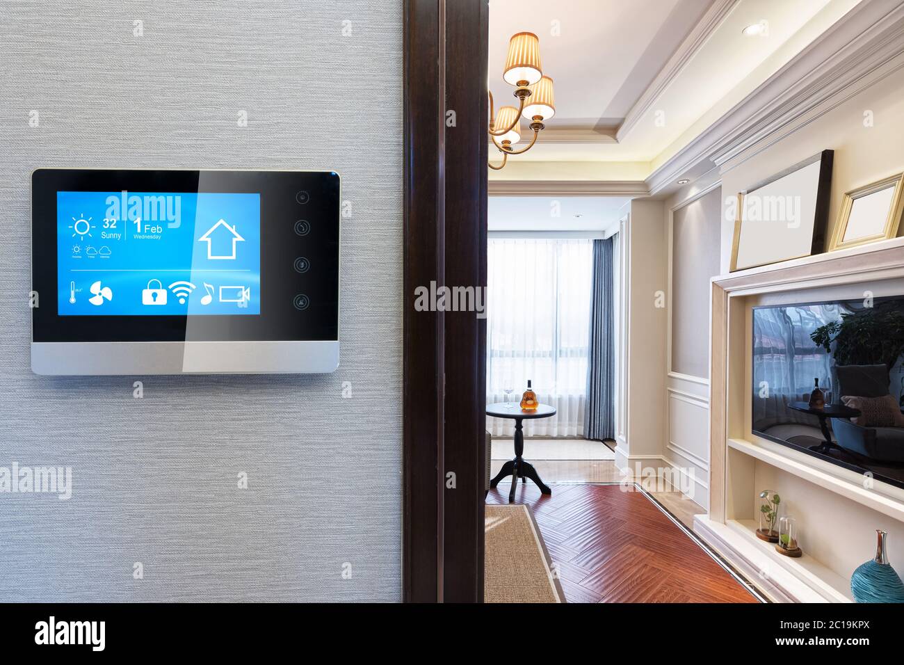 smart screen with smart home with modern living room Stock Photo - Alamy