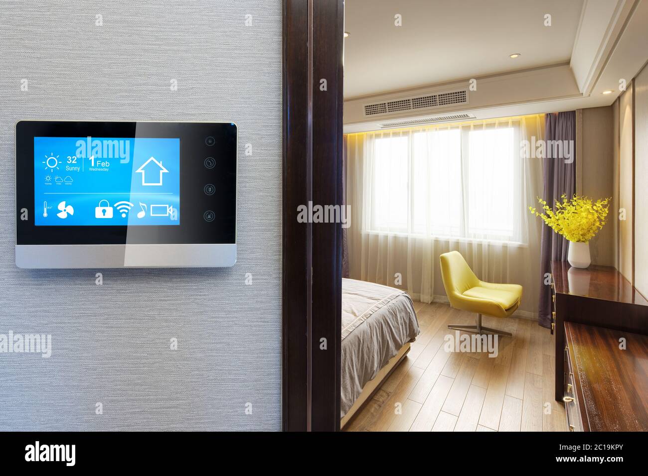 smart screen with smart home and modern bedroom Stock Photo - Alamy