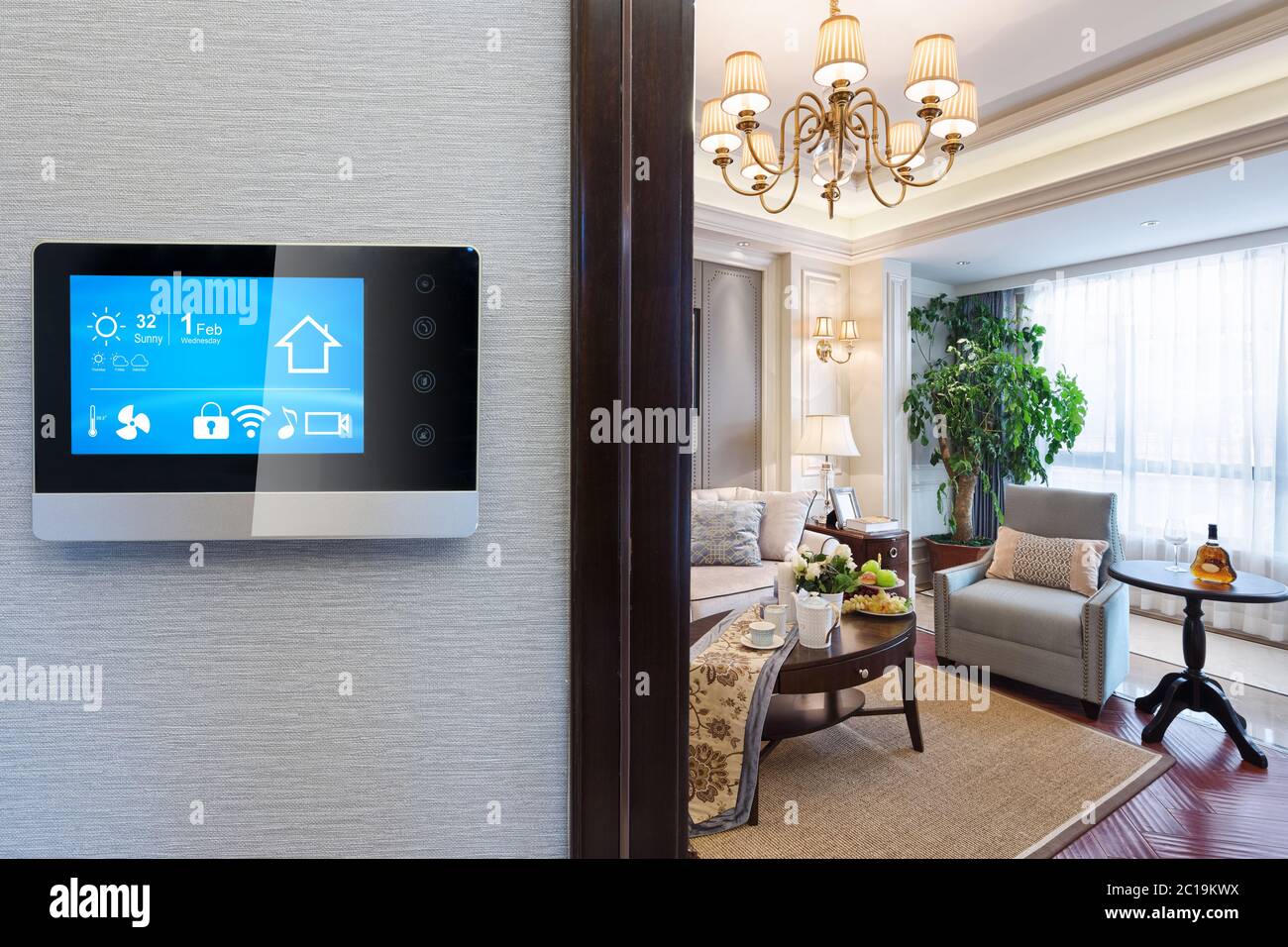 smart screen with smart home with modern living room Stock Photo - Alamy